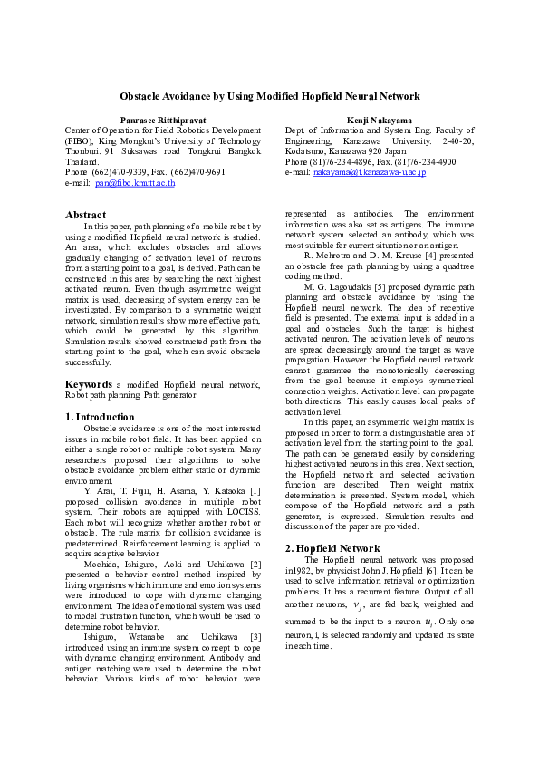 Pdf Obstacle Avoidance By Using Modified Hopfield Neural Network