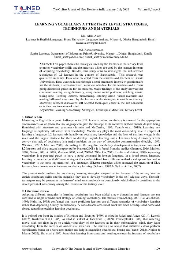 (PDF) Learning Vocabulary at Tertiary Level : Strategies , Techniques ...