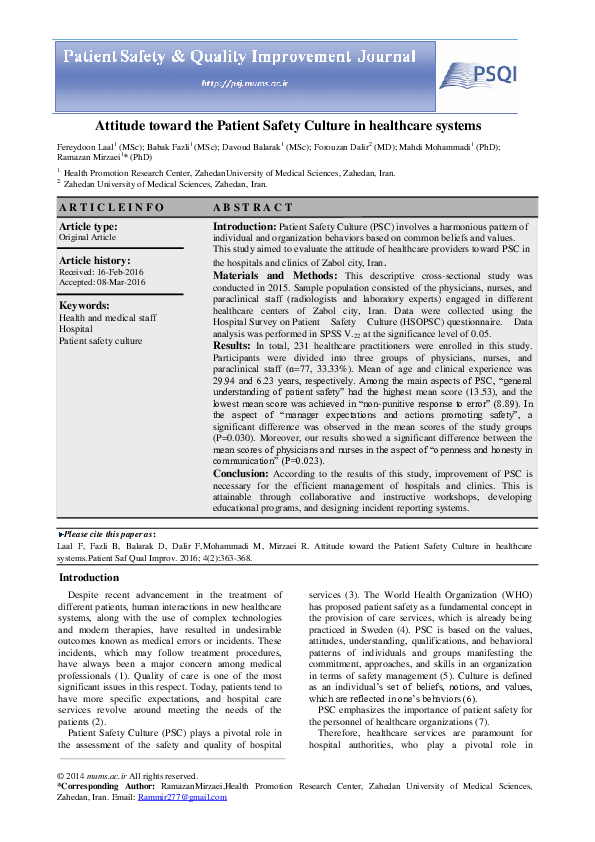 (PDF) Attitude toward the Patient Safety Culture in healthcare systems