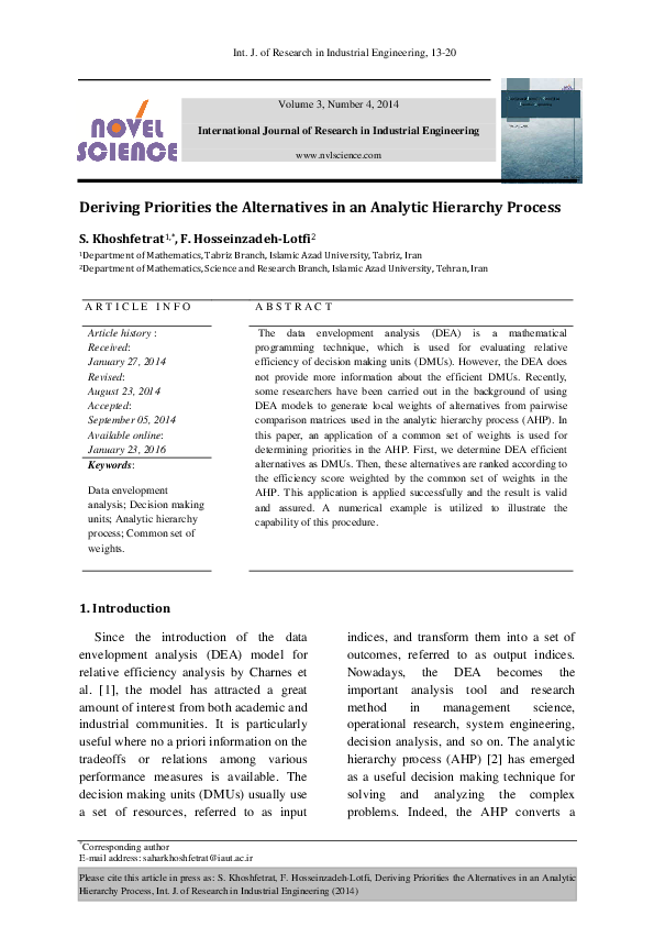 (PDF) Deriving Priorities the Alternatives in an Analytic Hierarchy Process