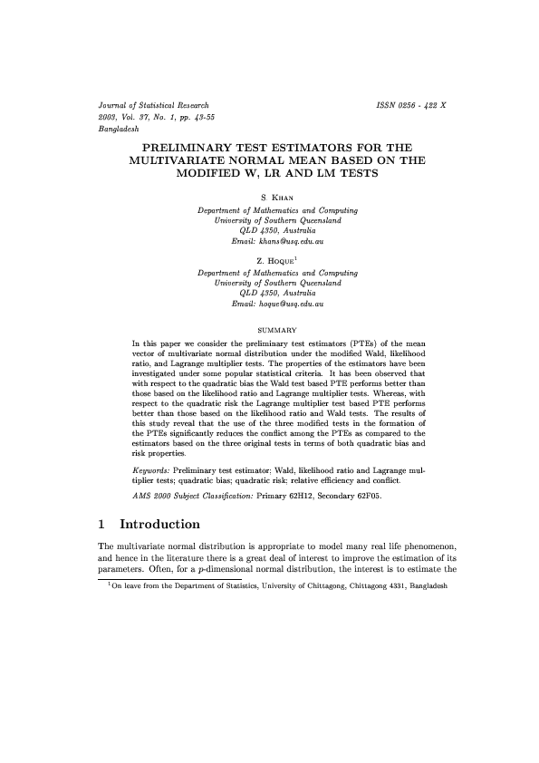Pdf Preliminary Test Estimators For The Multivariate Normal Mean Based On The Modified W Lr