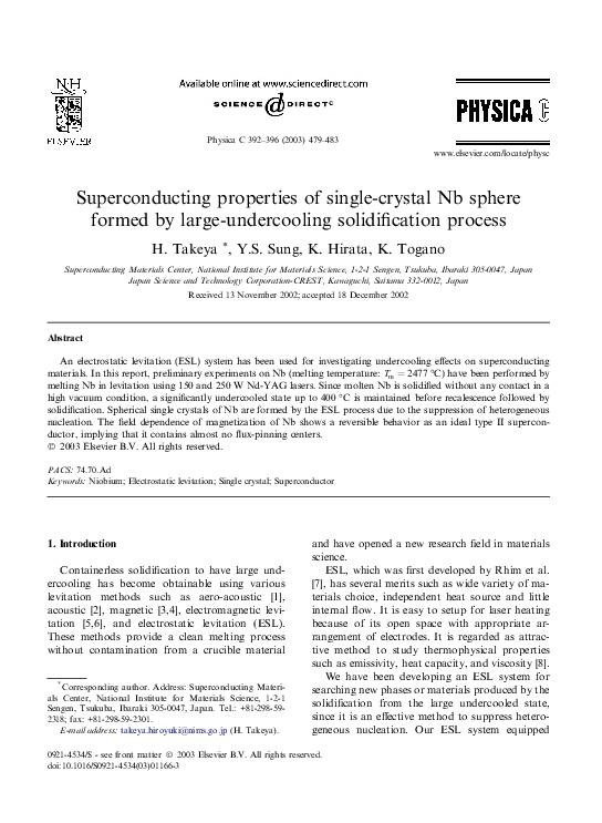 (PDF) Superconducting properties of single-crystal Nb sphere formed by ...