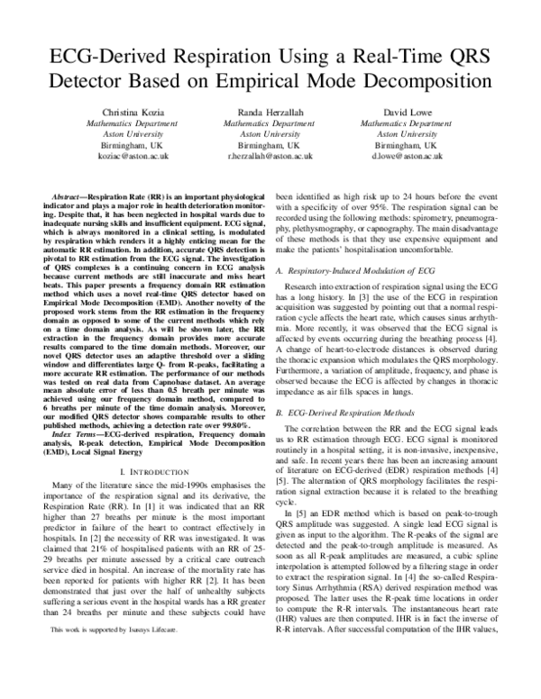 (PDF) ECG-Derived Respiration Using a Real-Time QRS Detector Based on Empirical Mode Decomposition