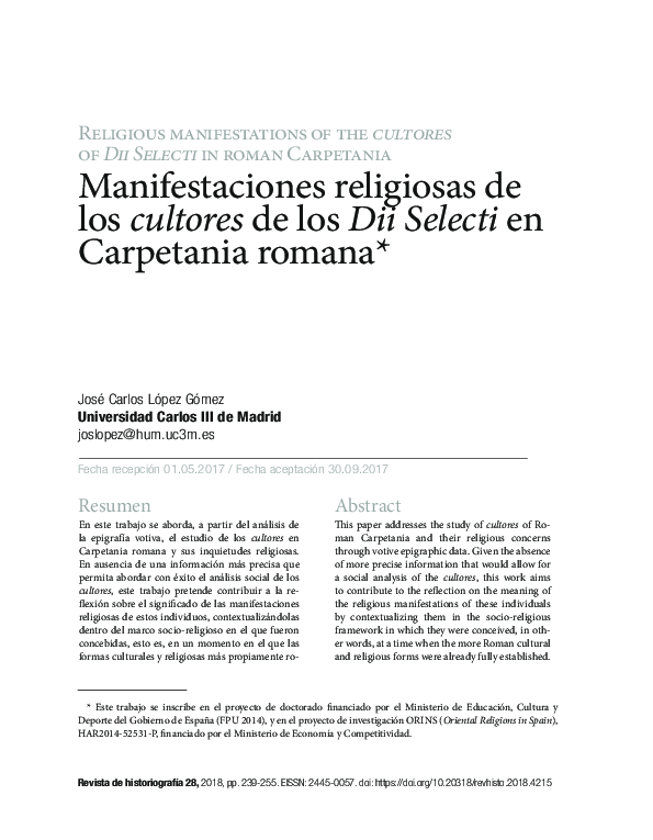 (PDF) Manifestaciones religiosas de los cultores de los Dii Selecti en ...