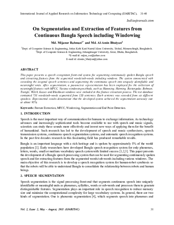 Pdf On Segmentation And Extraction Of Features From Continuous Bangla Speech Including Windowing