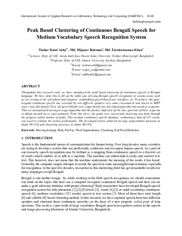 (PDF) Peak Based Clustering of Continuous Bengali Speech for Medium Vocabulary Speech ...