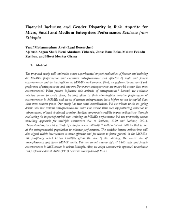 (PDF) Financial Inclusion and Gender Disparity in Risk Appetite for Micro, Small and Medium ...
