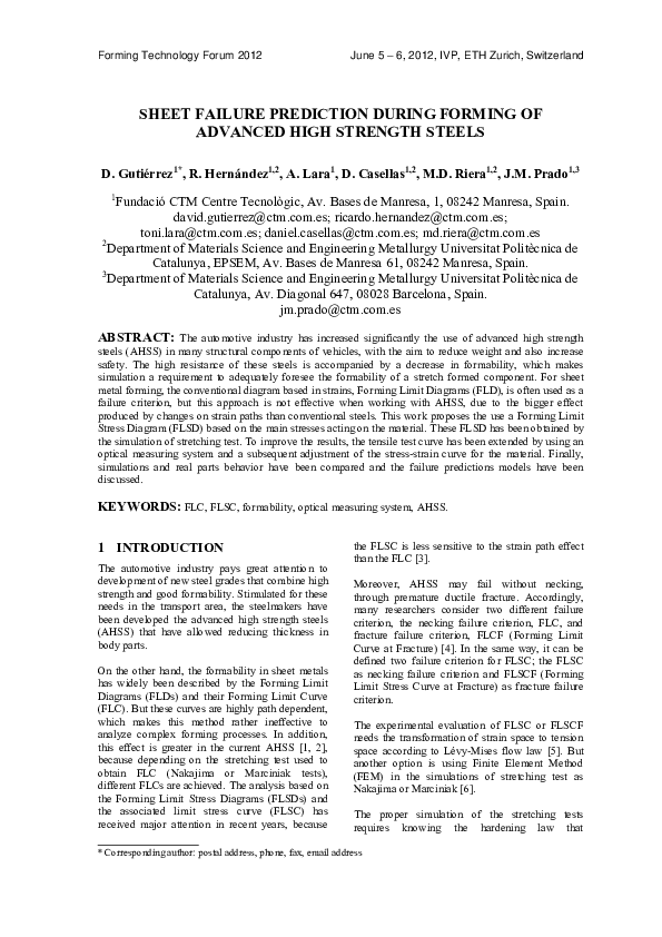 (PDF) Sheet Failure Prediction During Forming of Advanced High Strength ...