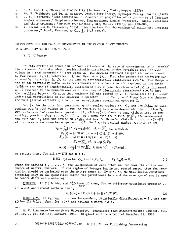 (PDF) An estimate for the rate of convergence in the central limit theorem in a real separable ...