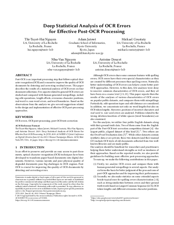 (PDF) Deep Statistical Analysis of OCR Errors for Effective Post-OCR Processing