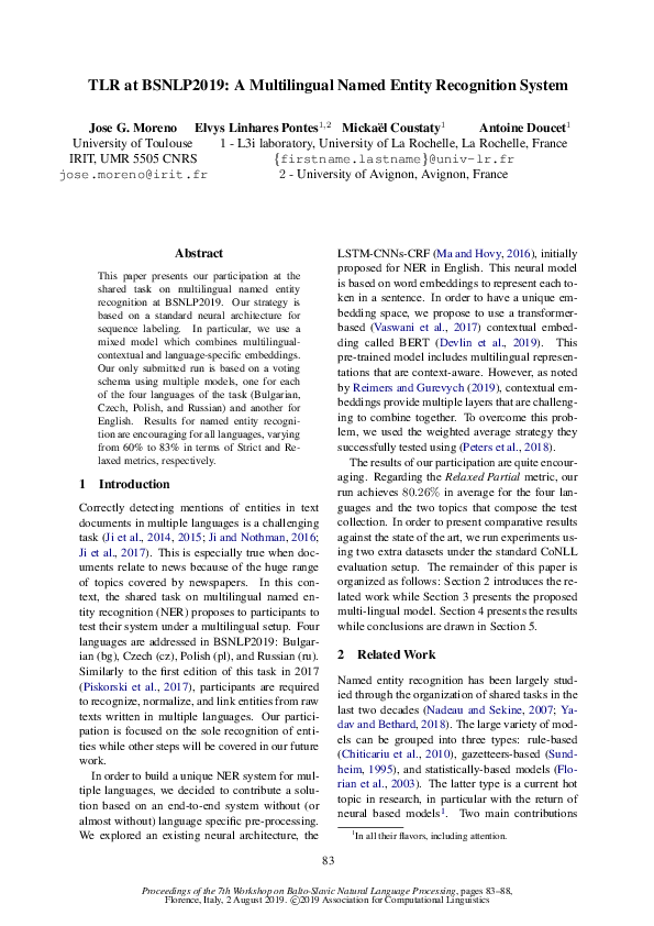 Pdf Tlr At Bsnlp2019 A Multilingual Named Entity Recognition System