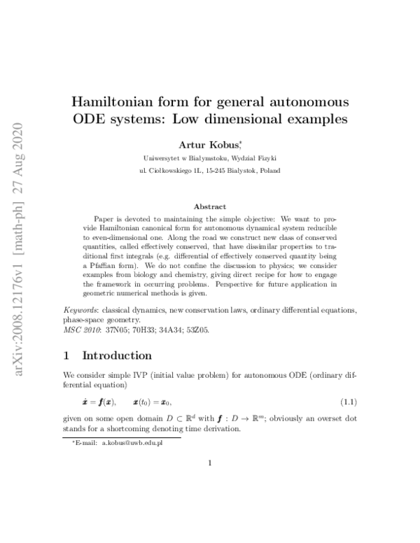 (PDF) Hamiltonian form for general autonomous ODE systems: Low ...