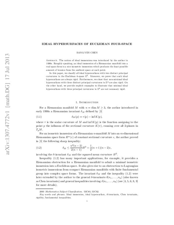 (PDF) Ideal hypersurfaces of Euclidean four-space