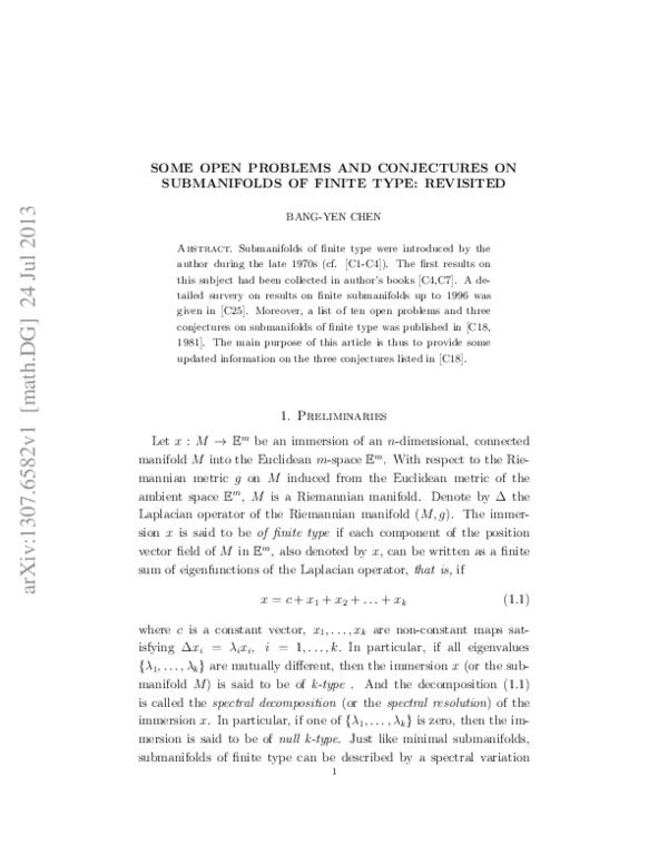 (PDF) Open problems and conjectures on submanifolds of finite type revisited | Bang-yen Chen ...