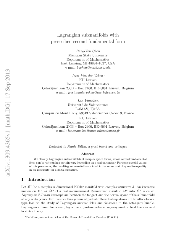(PDF) Lagrangian submanifolds with prescribed second fundamental form | Bang-yen Chen - Academia.edu