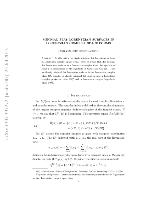 Pdf Minimal Flat Lorentzian Surfaces In Lorentzian Complex Space Forms