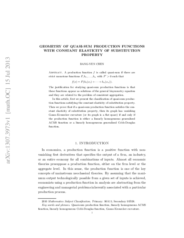(PDF) Geometry of quasi-sum production functions with constant elasticity of substitution property