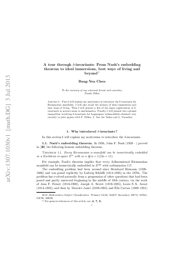 (PDF) A tour through δ-invariants: From Nash’s embedding theorem to ...