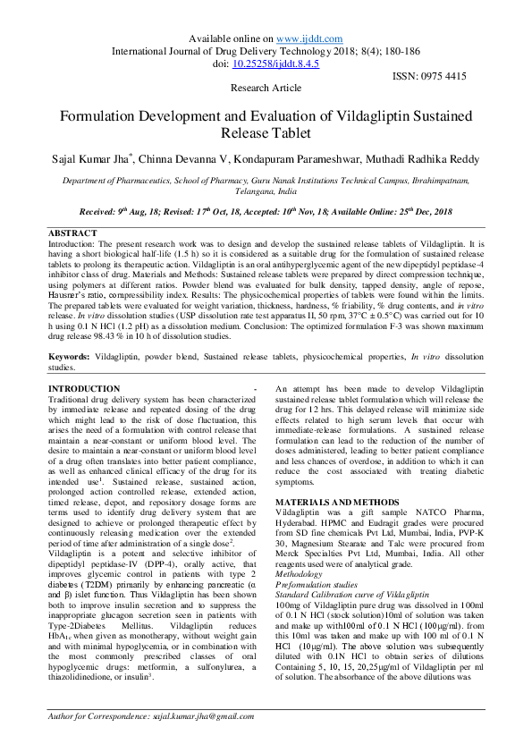 (PDF) Formulation Development and Evaluation of Vildagliptin Sustained Release Tablet