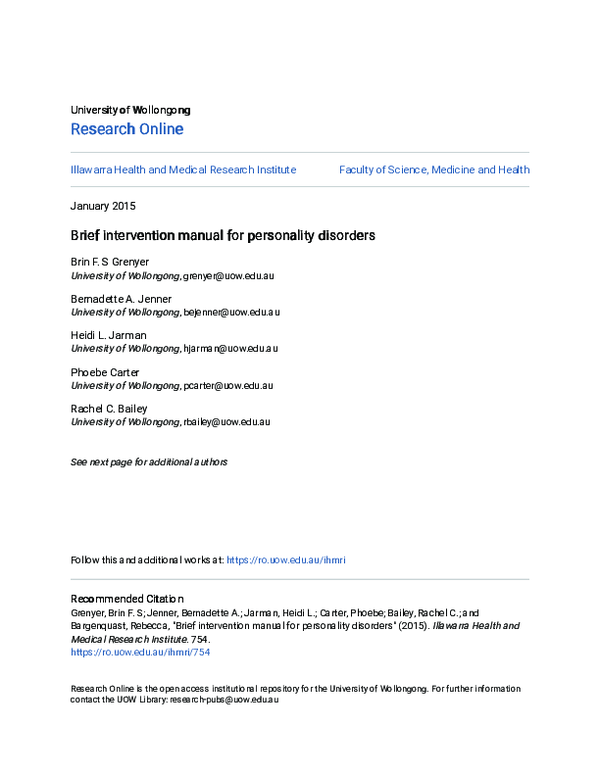 (PDF) Brief intervention manual for personality disorders