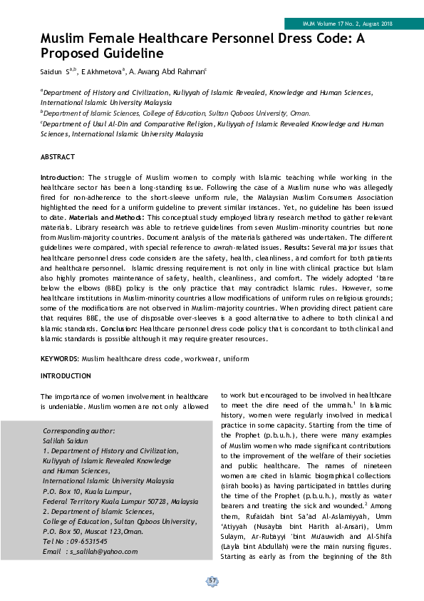 (PDF) Muslim Female Healthcare Personnel Dress Code: A Proposed Guideline
