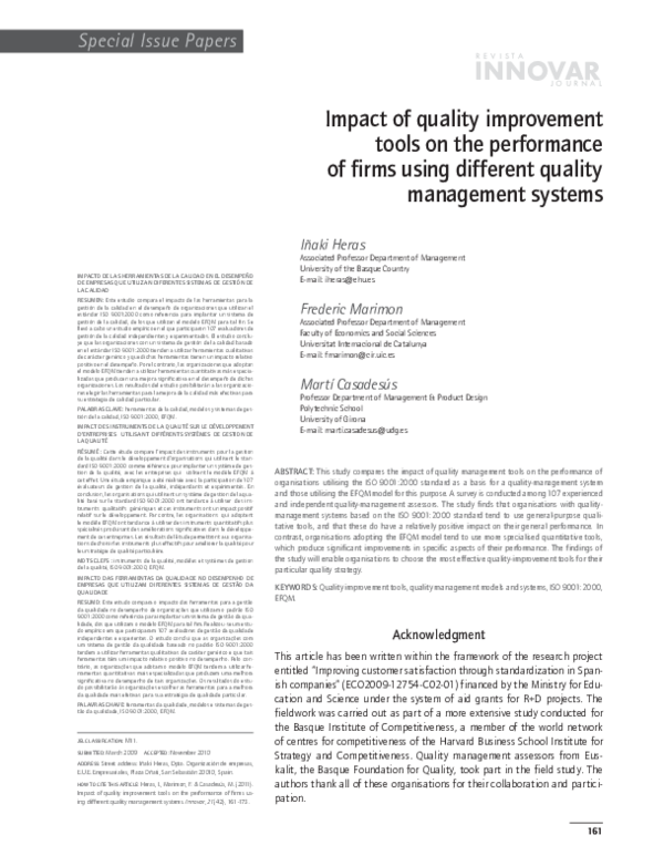 (PDF) Innovar Impact of Quality Improvement Tools on the Performance of ...