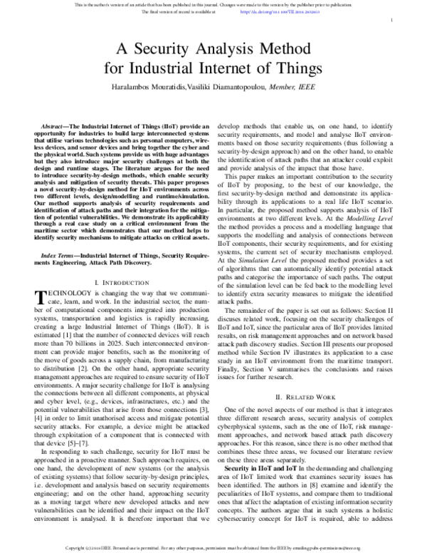 (PDF) A Security Analysis Method for Industrial Internet of Things