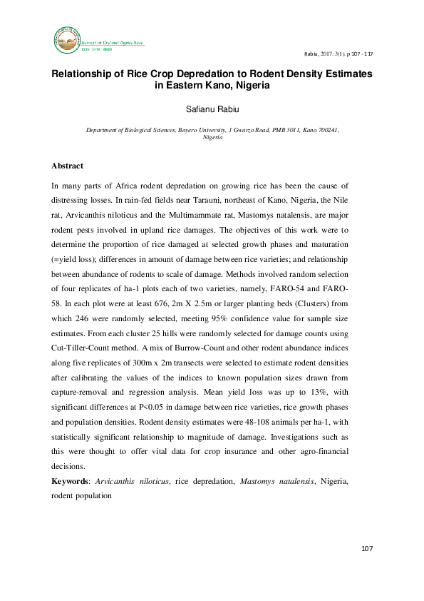 (PDF) Relationship of Rice Crop Depredation to Rodent Density Estimates ...