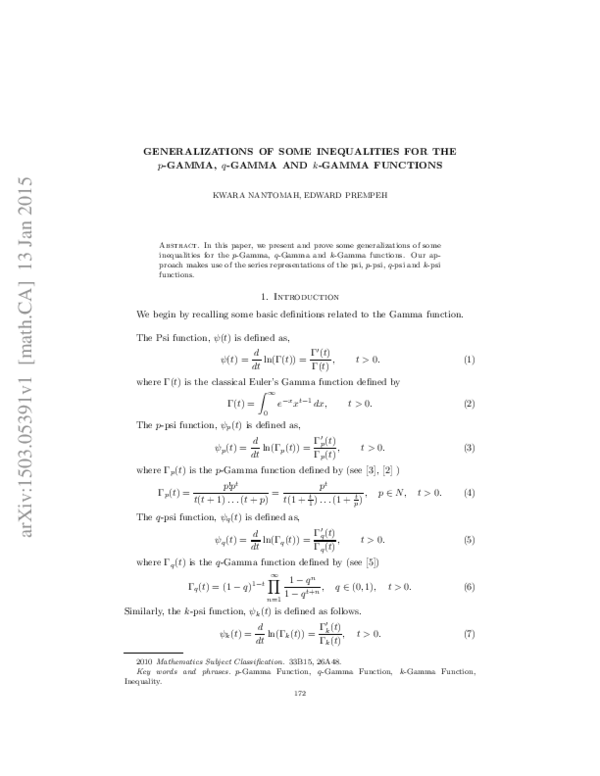 (PDF) Generalizations of Some Inequalities for the $p$-Gamma, $q$-Gamma and $k$-Gamma Functions