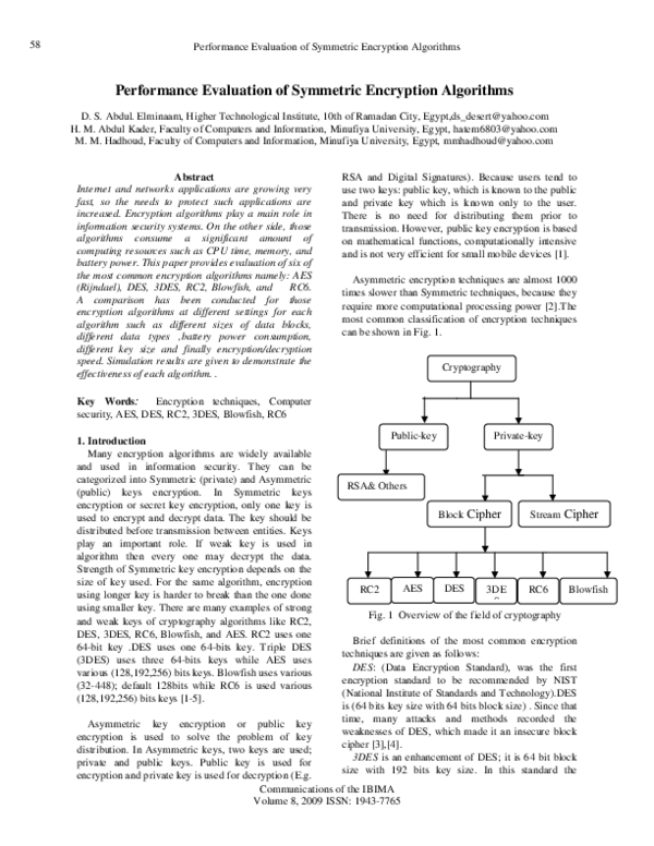 Pdf Performance Evaluation Of Symmetric Encryption Algorithms