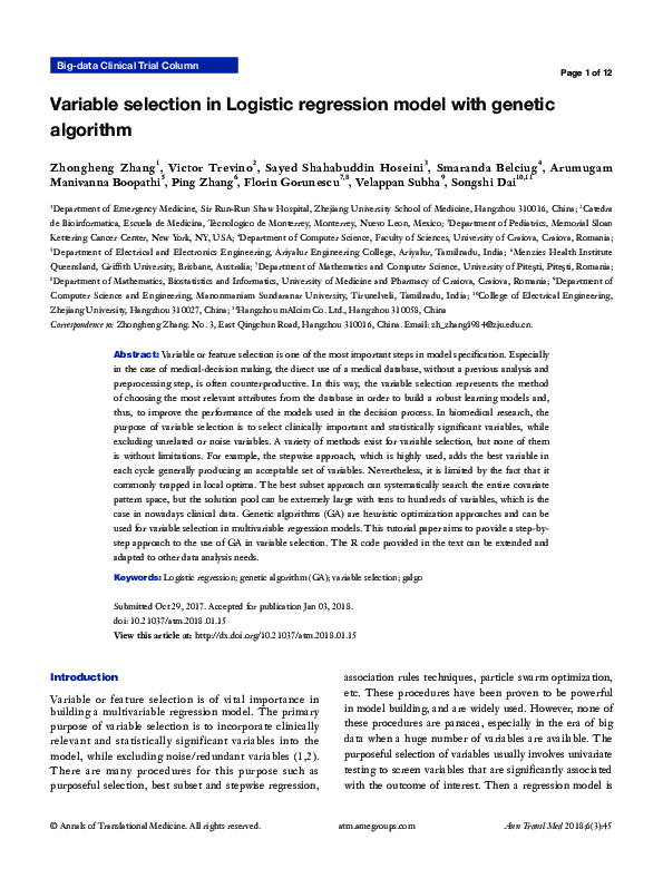 Pdf Variable Selection In Logistic Regression Model With Genetic Algorithm Smaranda Belciug 0122