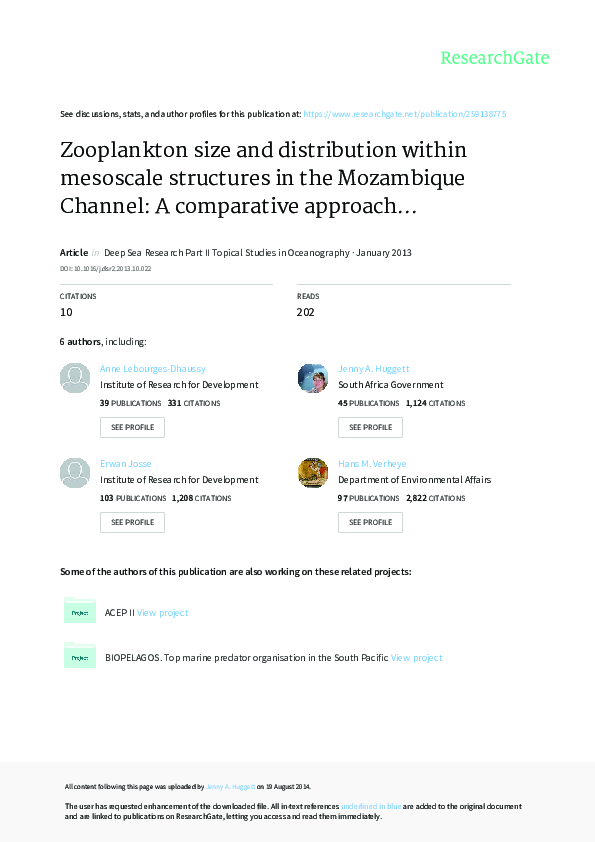 (PDF) Zooplankton size and distribution within mesoscale structures in the Mozambique Channel: A ...