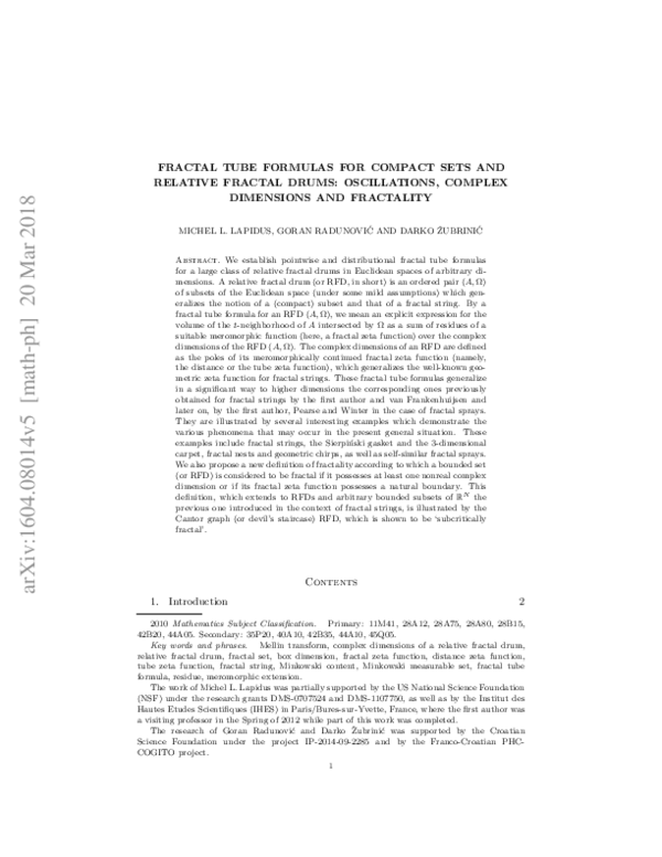 (PDF) Fractal tube formulas for compact sets and relative fractal drums: oscillations, complex ...
