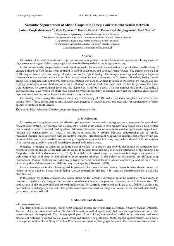 Pdf Deep Learning For Semantic Segmentation Of Mixed Crops