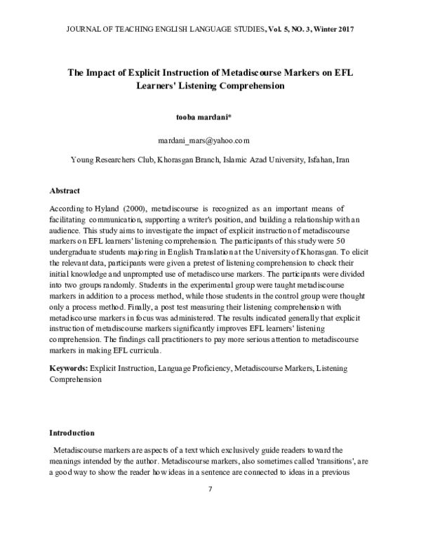 (PDF) The Impact of Explicit Instruction of Metadiscourse Markers on EFL Learners' Listening ...