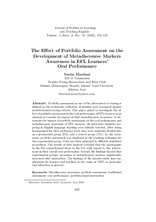 (PDF) The Effect of Portfolio Assessment on the Development of Metacognitive Awareness in EFL ...
