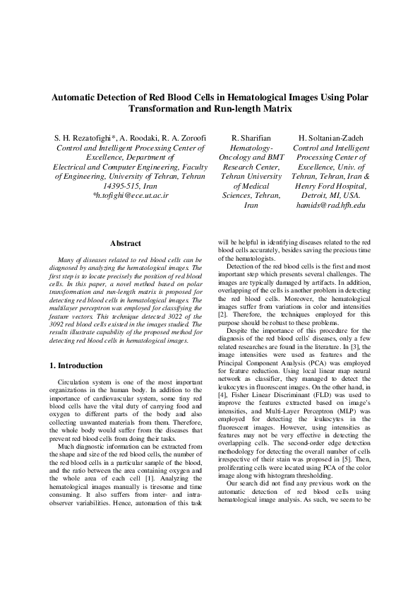 (PDF) Automatic detection of red blood cells in hematological images using polar transformation ...