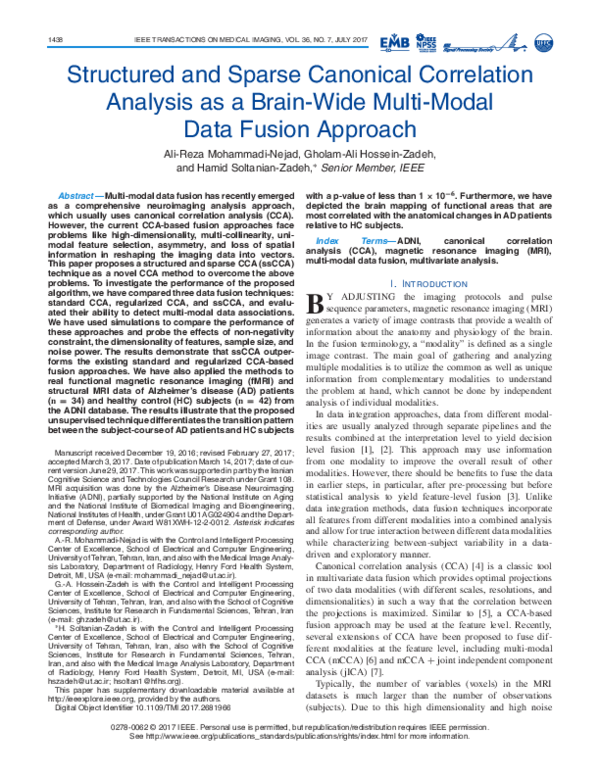 Pdf Structured And Sparse Canonical Correlation Analysis As A Brain Wide Multi Modal Data