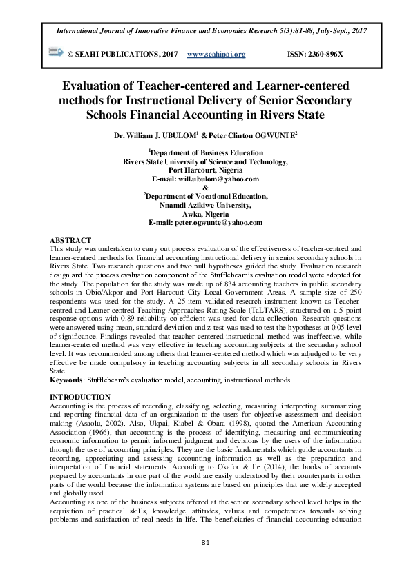 (PDF) Evaluation of Teacher-centered and Learner-centered methods for ...