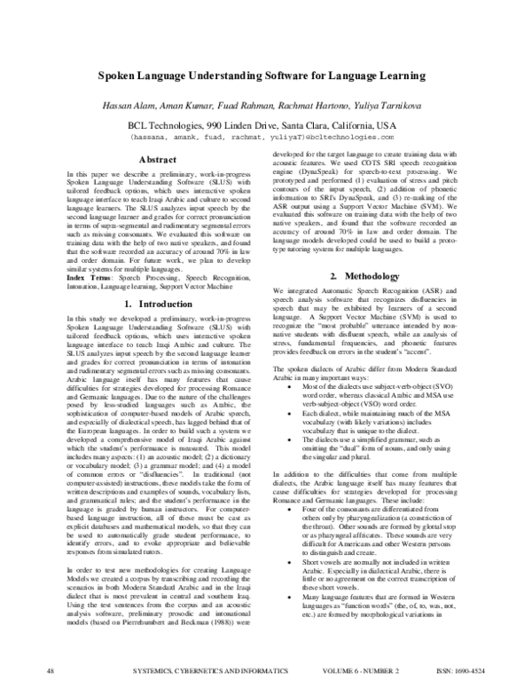 (PDF) Spoken Language Understanding Software for Language Learning