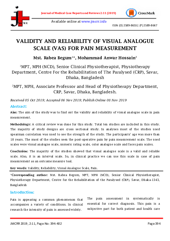 (PDF) Validity and Reliability of Visual Analogue Scale (Vas) for Pain Measurement
