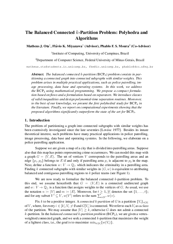 (PDF) The Balanced Connected k-Partition Problem: Polyhedra and Algorithms