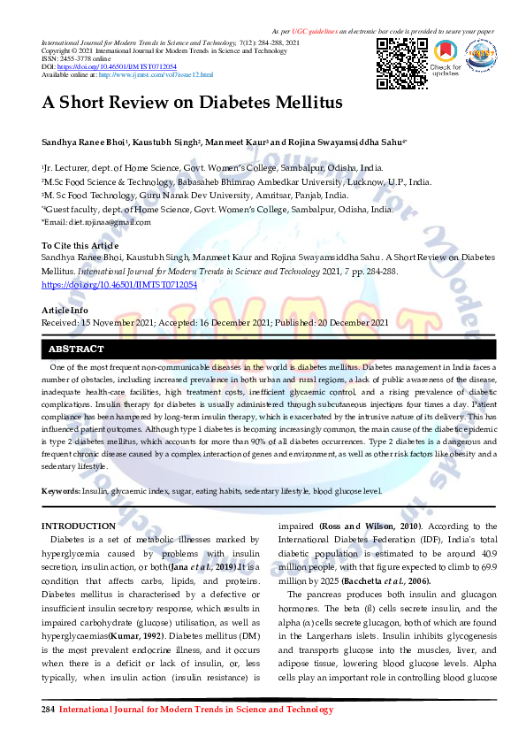 (PDF) A Short Review on Diabetes Mellitus