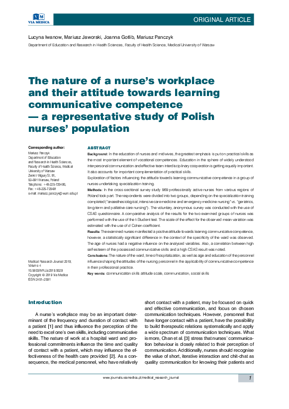 (PDF) The nature of a nurse’s workplace and their attitude towards ...