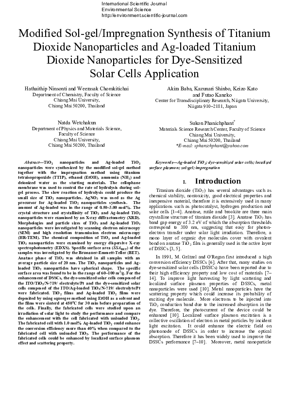 (PDF) Modified Sol-gel/Impregnation Synthesis of Titanium Dioxide Nanoparticles and Ag-loaded ...