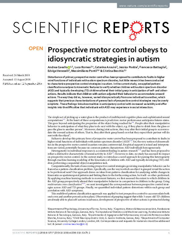 (PDF) Prospective motor control obeys to idiosyncratic strategies in autism