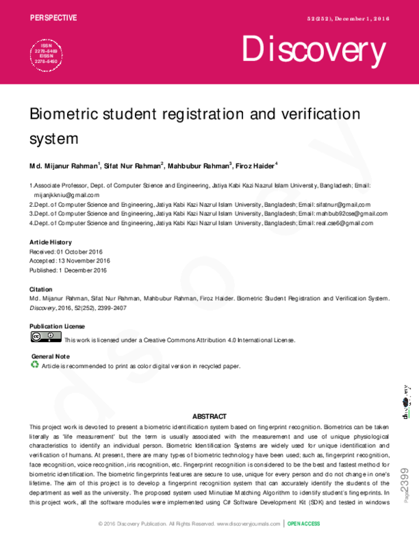(PDF) Biometric student registration and verification system