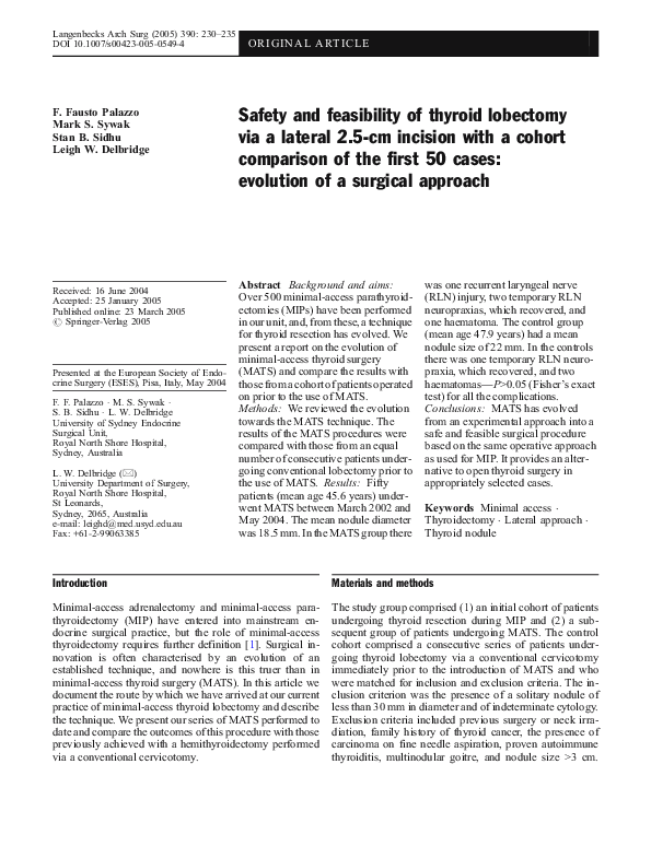 (PDF) Safety and feasibility of thyroid lobectomy via a lateral 2.5-cm ...