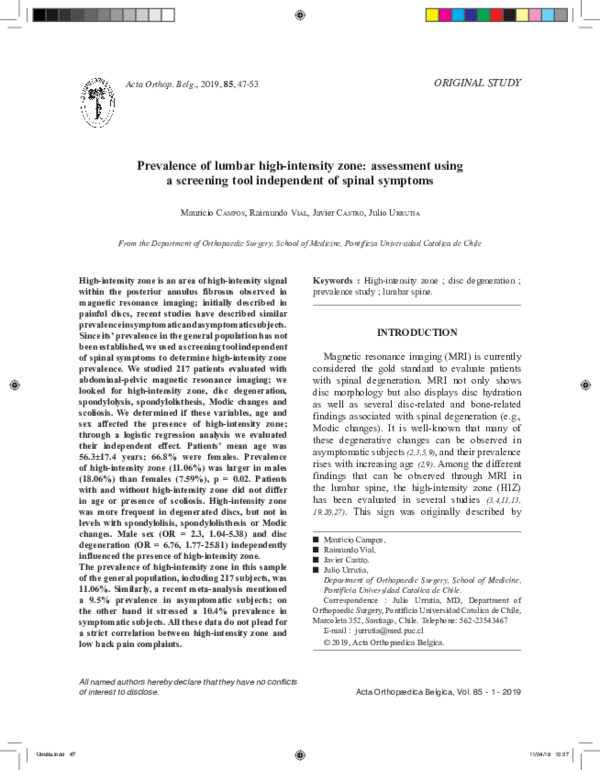(PDF) Prevalence of lumbar high-intensity zone: assessment using a ...