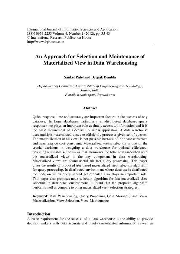 (PDF) Efficient Materialized View Selection in Data Warehousing